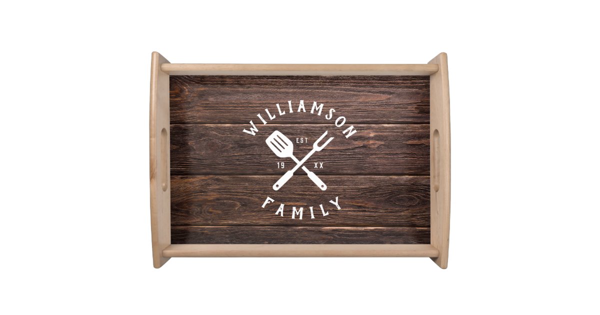 Custom Family Name Rustic Vintage Dark Wood Print Serving Tray | Zazzle