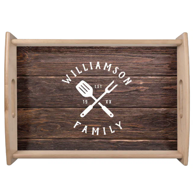 Custom Family Name Rustic Vintage Dark Wood Print Serving Tray | Zazzle