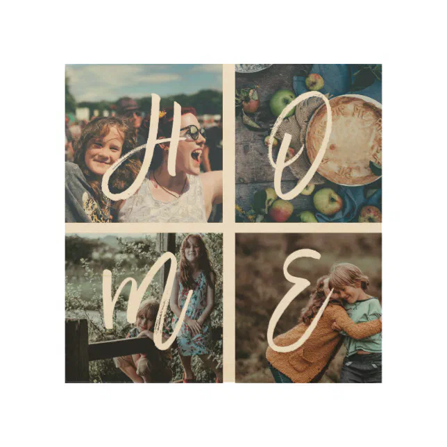 Custom Family Photo Collage Calligraphy HOME Wood Wall Decor | Zazzle