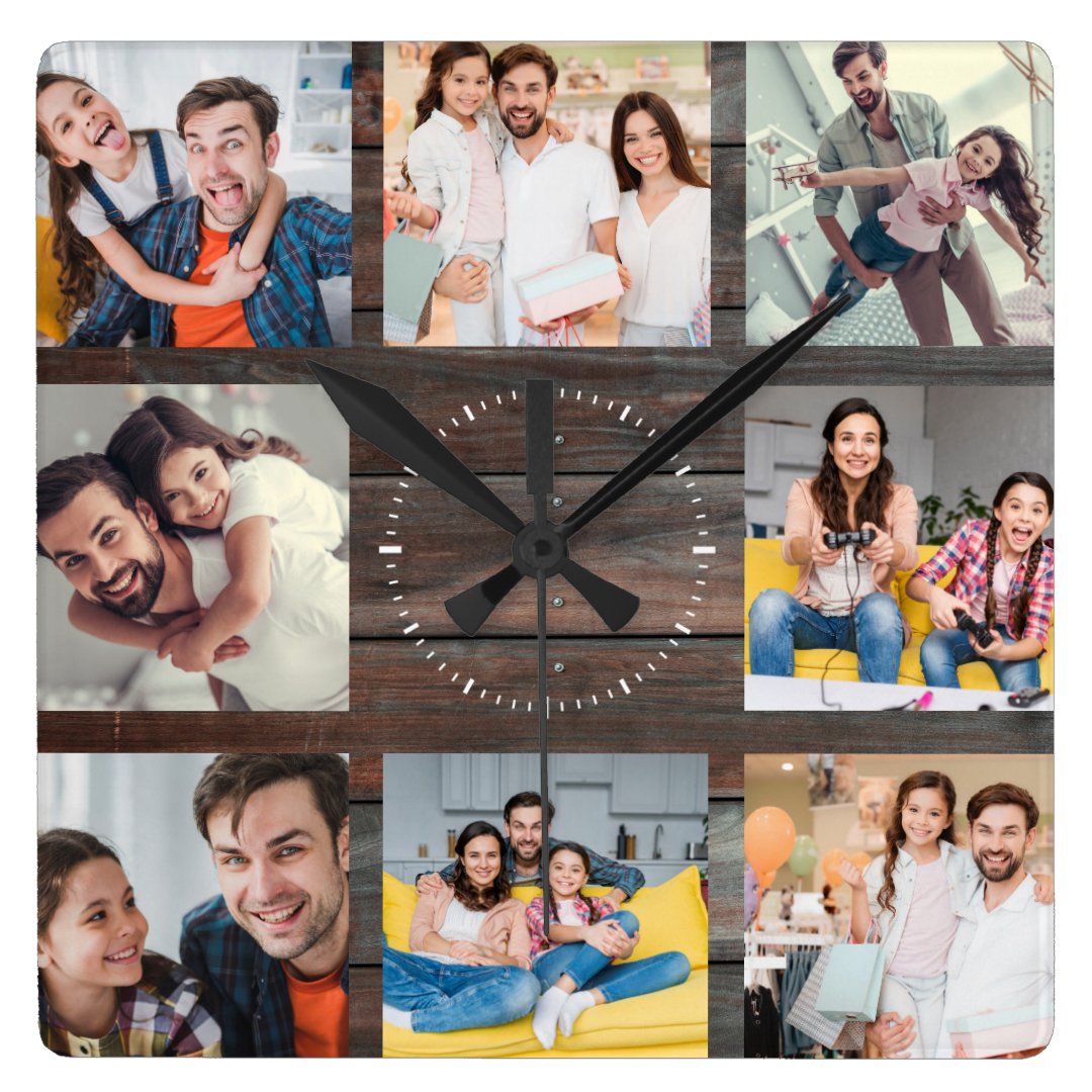 Custom Family Photo Collage Modern Dark Wood Square Wall Clock | Zazzle