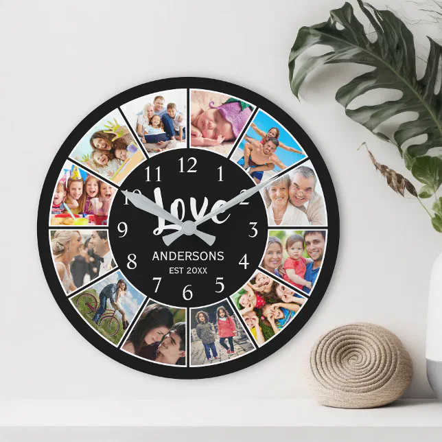 Custom Family Photo Collage Personalized Black Large Clock | Zazzle