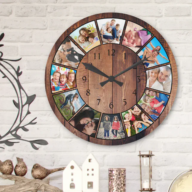 Custom Family Photo Collage Reclaimed Wood Round Clock | Zazzle