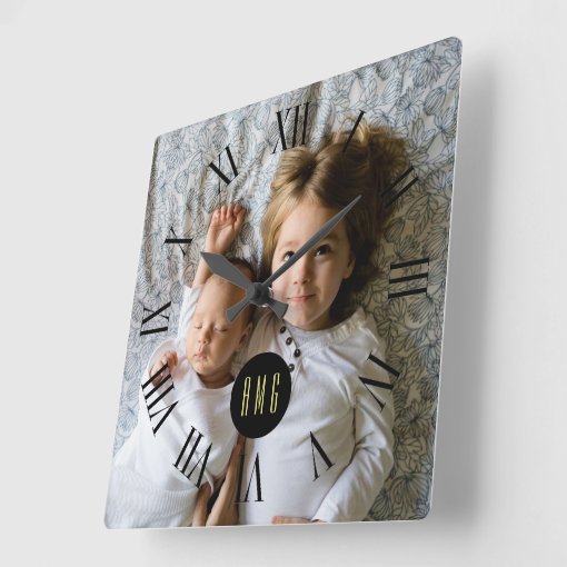 Custom Family Photo | Custom Monogram Square Wall Clock | Zazzle