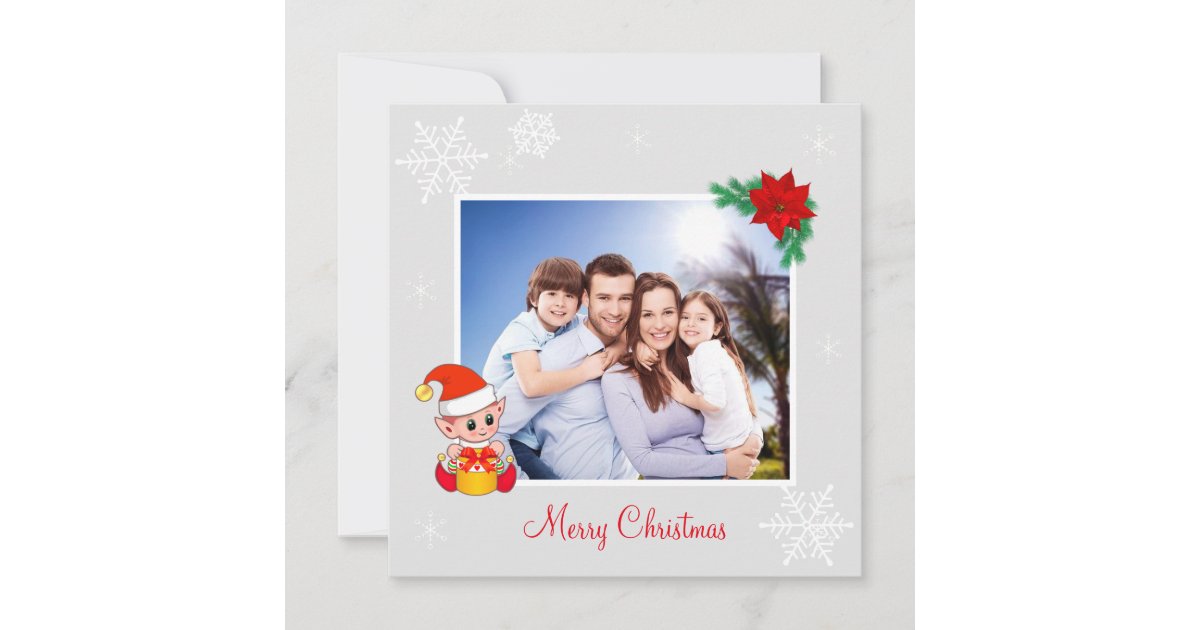 Custom Family Photo & Cute Elf on Silver Christmas | Zazzle