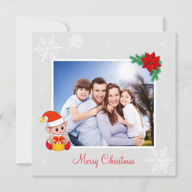Custom Family Photo & Cute Elf on Silver Christmas | Zazzle