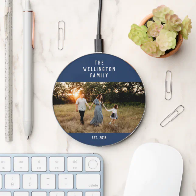 Custom Family Photo Navy Blue Wireless Charger | Zazzle