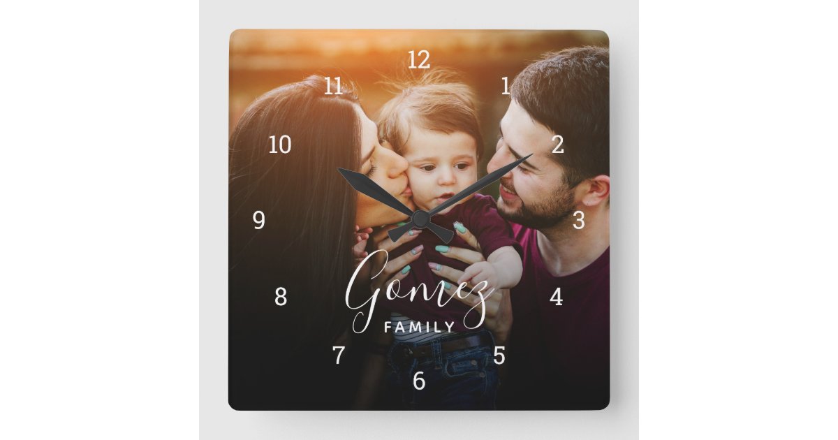 Custom Family Photo Overlay Monogrammed Square Wall Clock | Zazzle
