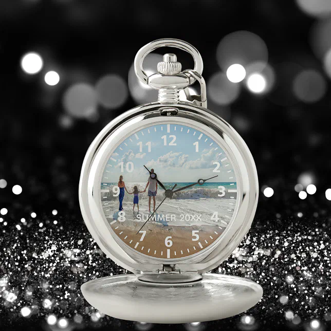 Custom family photo summer vacation text pocket watch | Zazzle