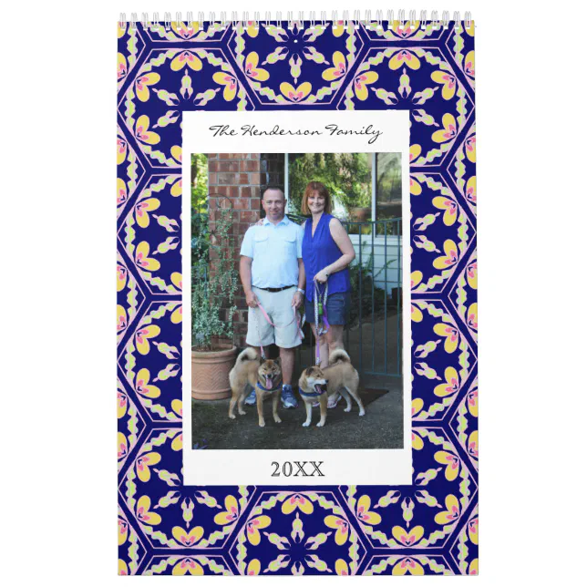 Custom Family Photos | Blue Spanish Tile Pattern Calendar | Zazzle