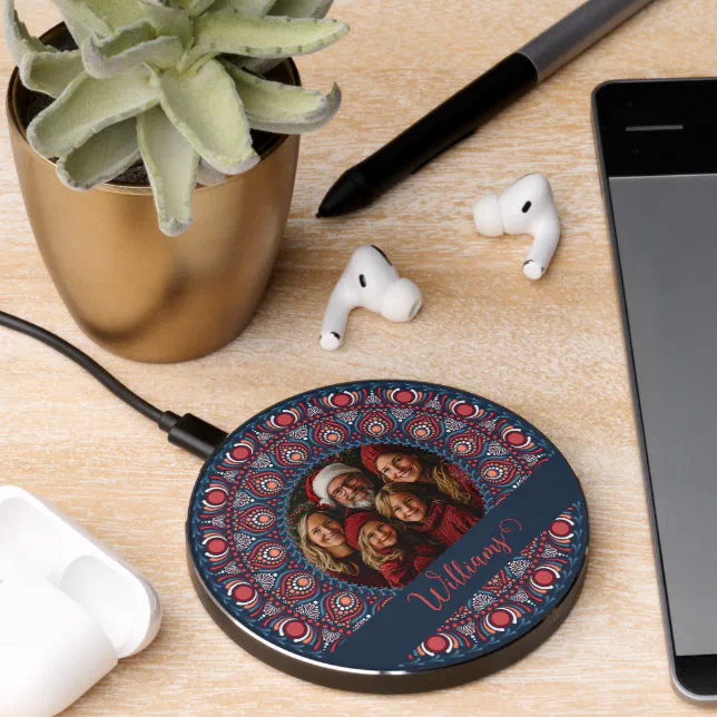 Custom Family Portrait Russet Christmas Mandala Wireless Charger | Zazzle