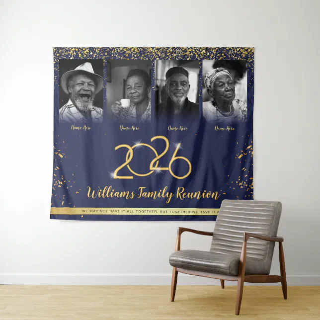 Custom Family Reunion Banner, 4 Photo Blue Gold Tapestry | Zazzle