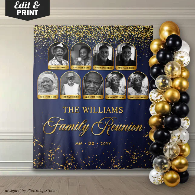 Custom Family Reunion Banner, 9 Photo Blue Gold Tapestry | Zazzle