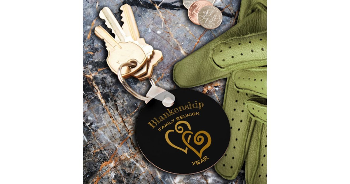 Custom Family Reunion Black Gold Linked Hearts Keychain | Zazzle