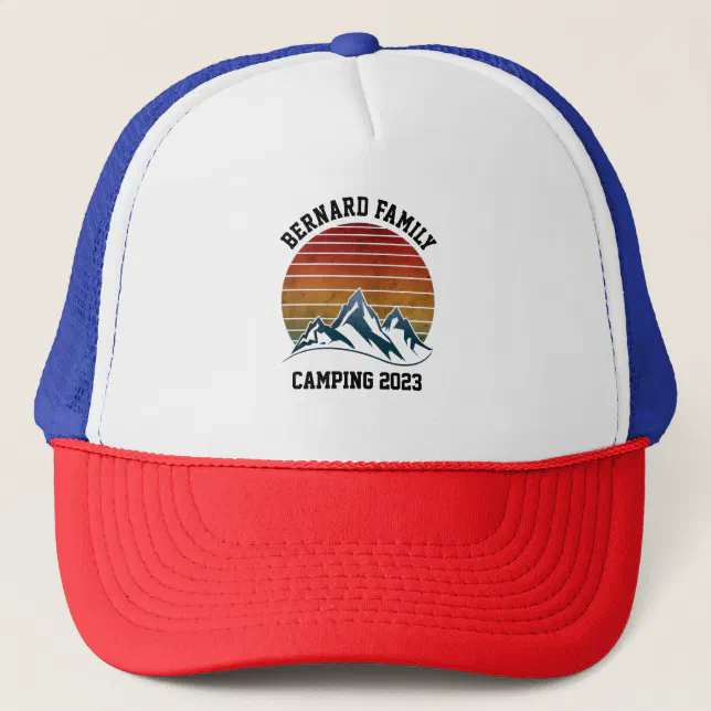 CUSTOM FAMILY REUNION CAMPING SUNSET MOUNTAIN TRIP TRUCKER HAT | Zazzle