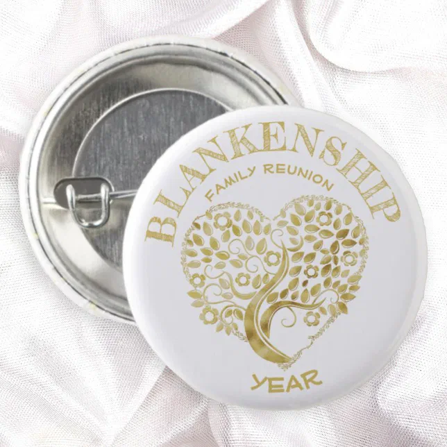 Custom Family Reunion Gold Heart Shaped Tree Button | Zazzle