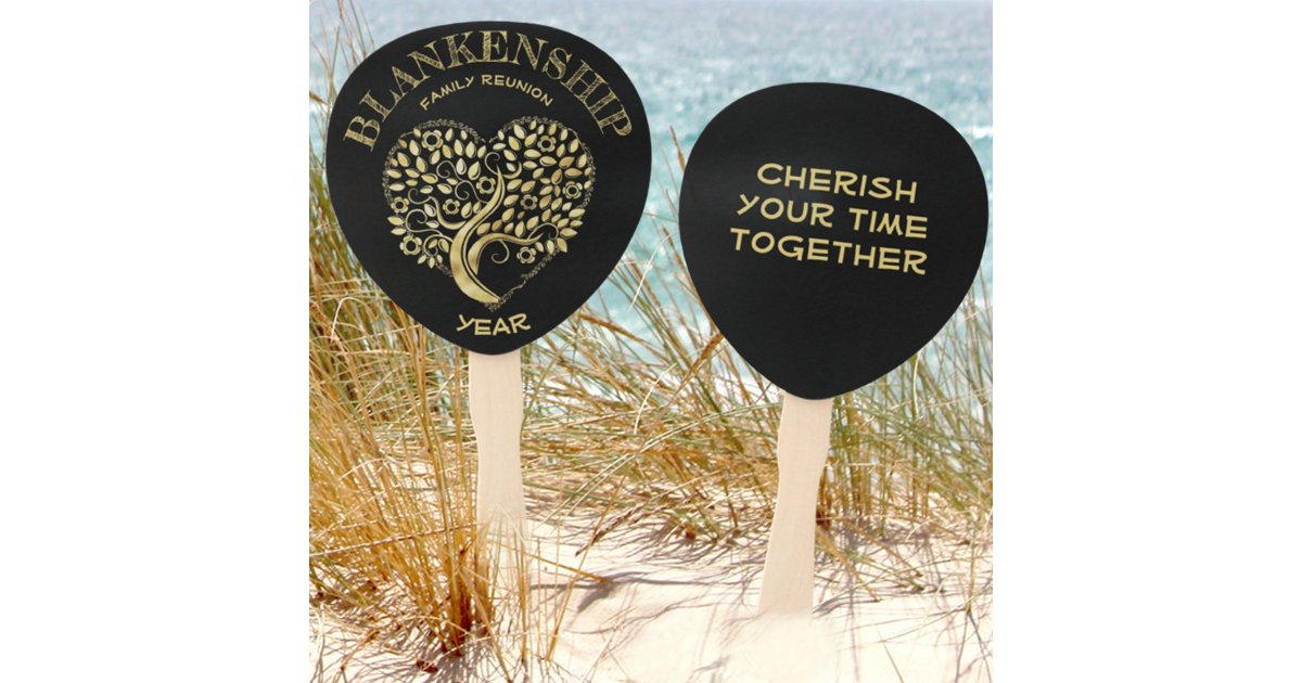 Custom Family Reunion Gold Heart Shaped Tree Hand Fan | Zazzle