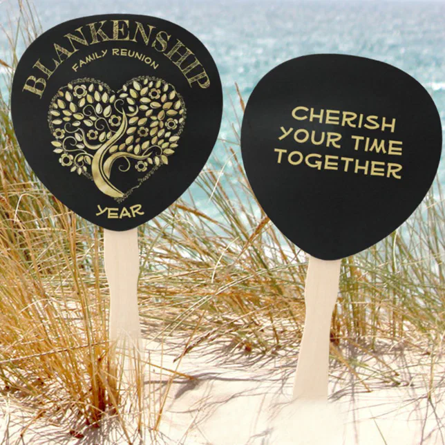 Custom Family Reunion Gold Heart Shaped Tree Hand Fan | Zazzle