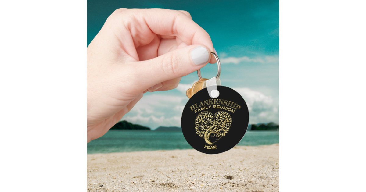 Custom Family Reunion Gold Heart Shaped Tree Keychain | Zazzle