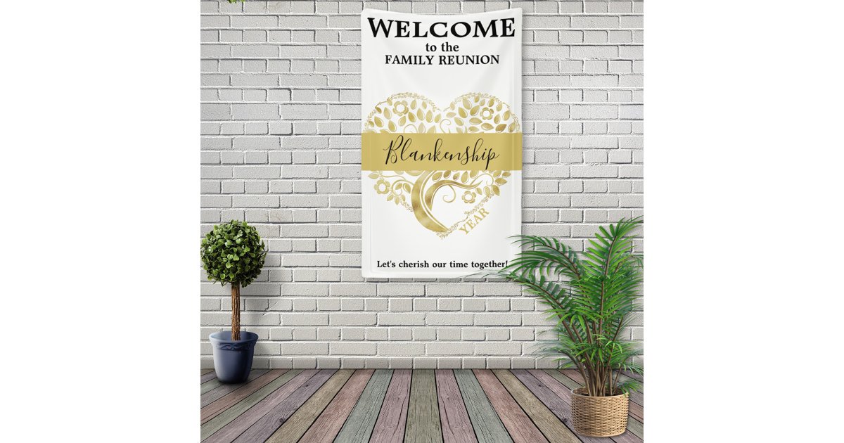 Custom Family Reunion Gold Heart Shaped Tree White Banner | Zazzle