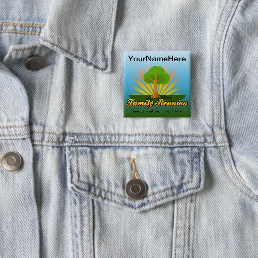 Custom Family Reunion, Green Tree with Sun Rays Pinback Button | Zazzle