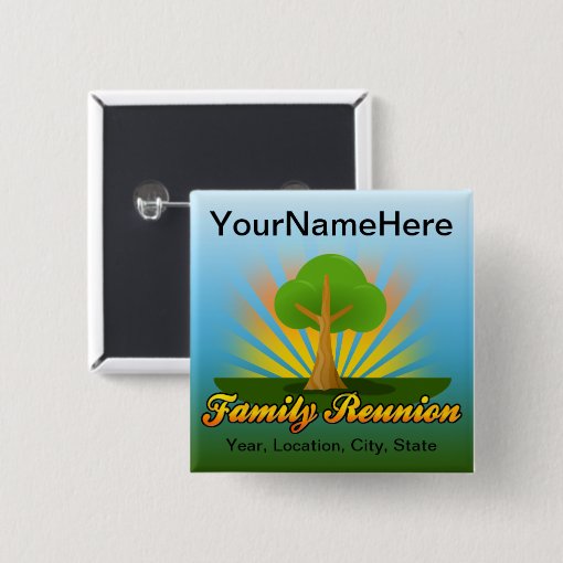 Custom Family Reunion, Green Tree with Sun Rays Pinback Button | Zazzle
