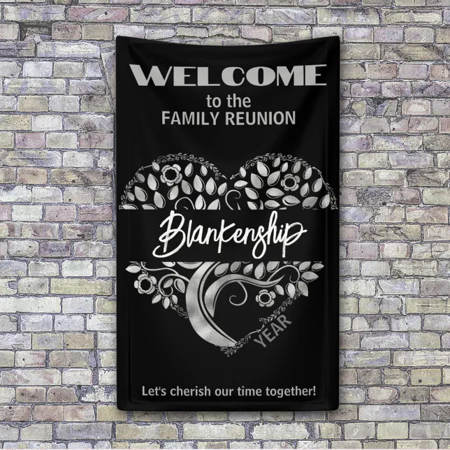 Custom Family Reunion Heart Art Tree Black Silver Banner | Zazzle