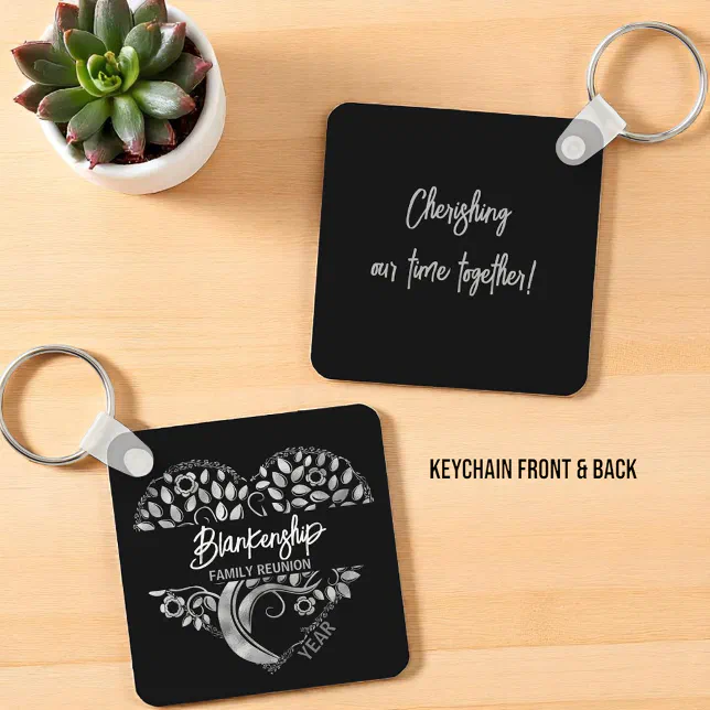 Custom Family Reunion Heart Art Tree Black Silver Keychain | Zazzle