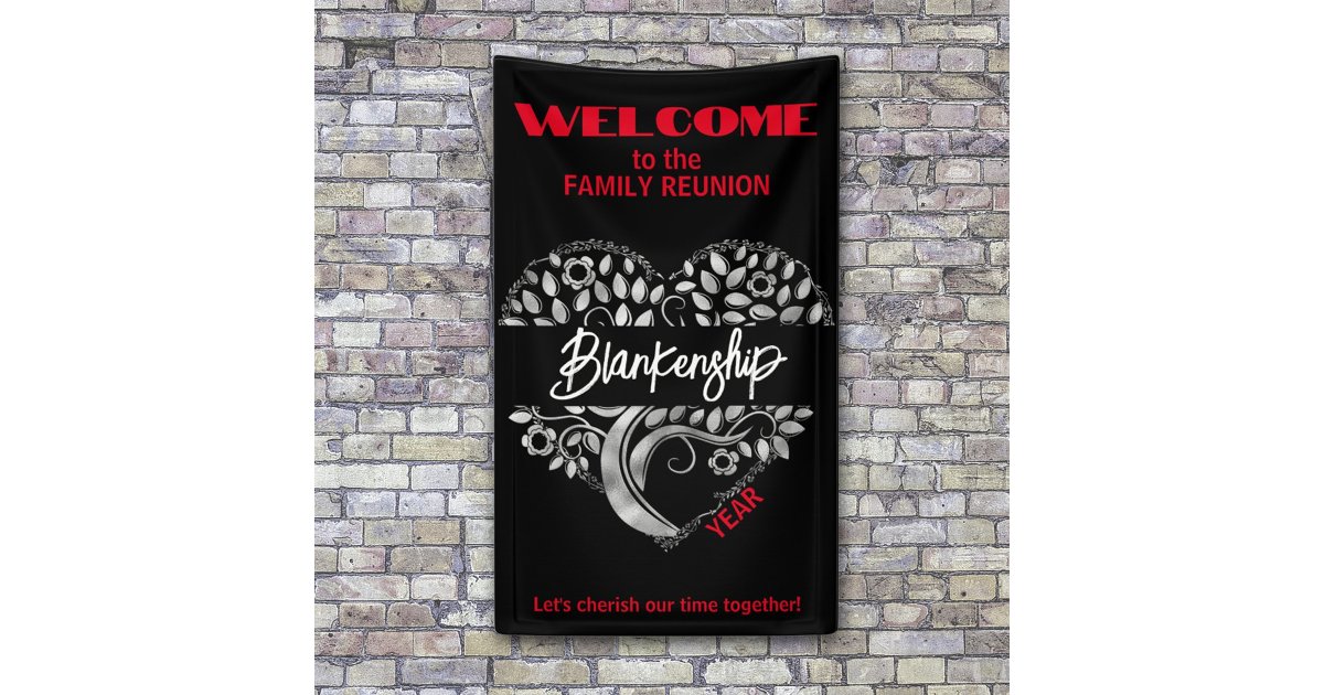 Custom Family Reunion Heart Art Tree Black White Banner | Zazzle