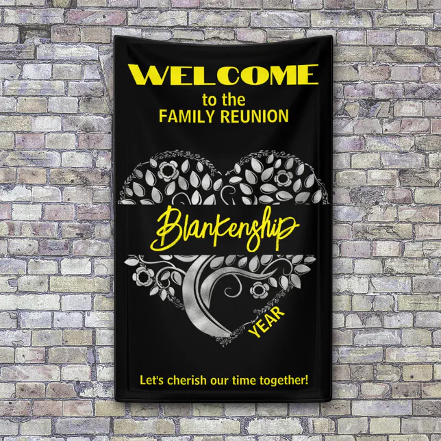 Custom Family Reunion Heart Art Tree Black Yellow Banner | Zazzle