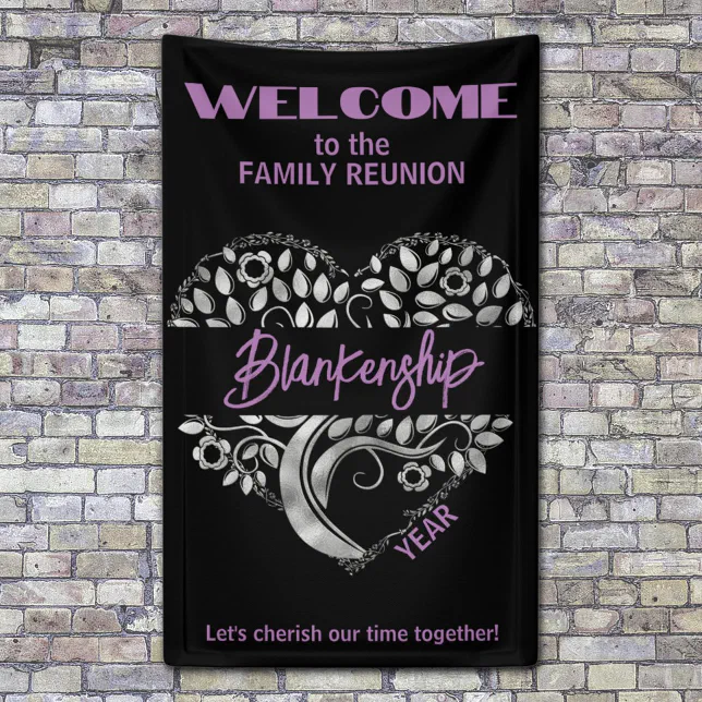 Custom Family Reunion Heart Art Tree Purple Black Banner | Zazzle
