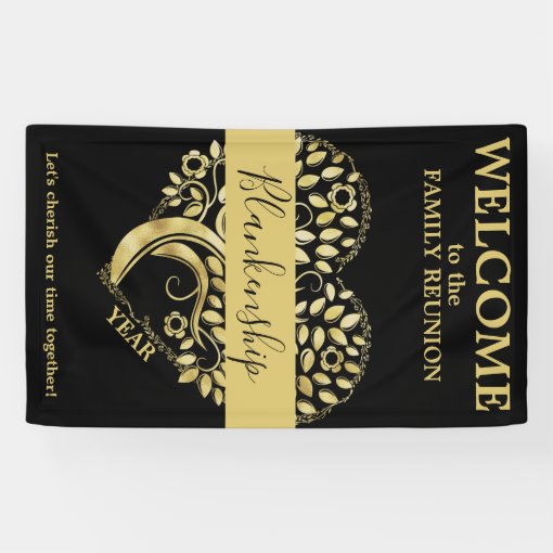 Custom Family Reunion Heart Shaped Tree Black Gold Banner | Zazzle