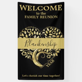 Custom Family Reunion Heart Shaped Tree Black Gold Banner | Zazzle