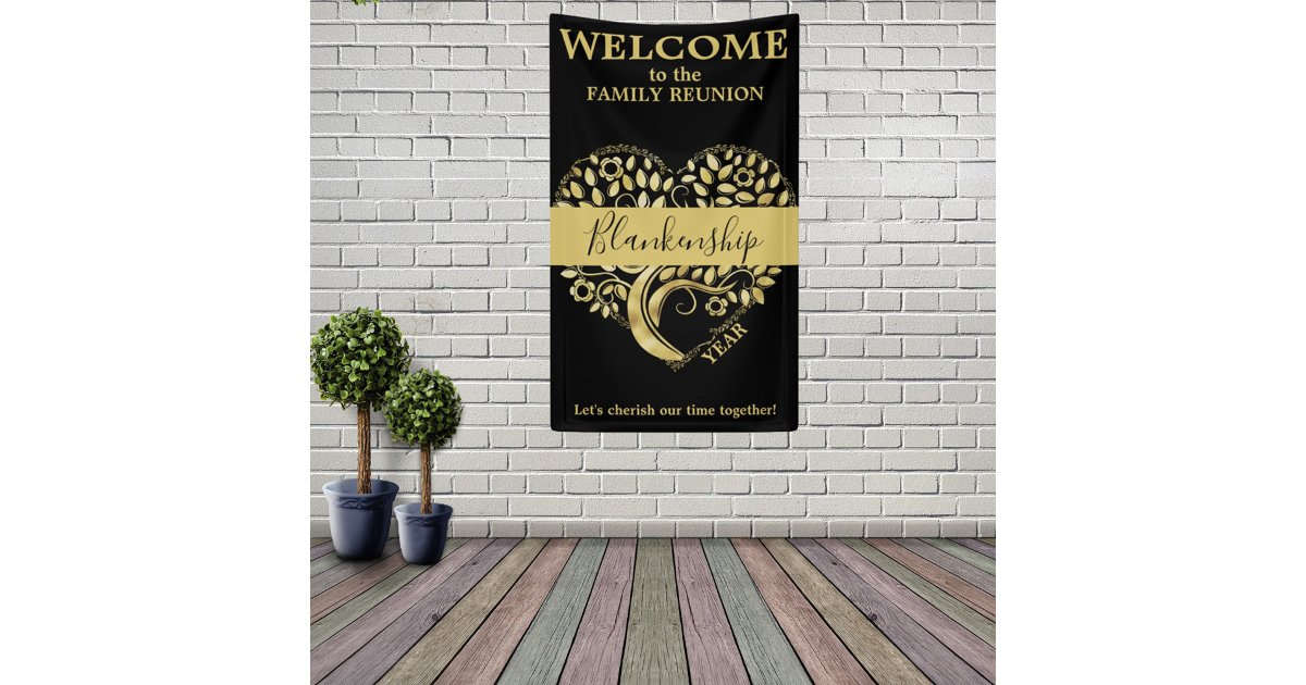 Custom Family Reunion Heart Shaped Tree Black Gold Banner | Zazzle