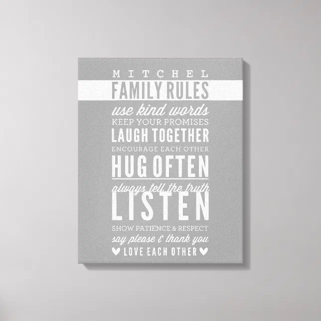 CUSTOM FAMILY RULES modern typography cool grey Canvas Print | Zazzle