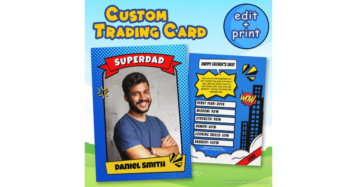 Custom Fathers Day Trading Card Fun Superdad Comic | Zazzle
