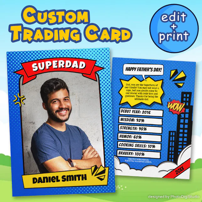 Custom Fathers Day Trading Card Fun Superdad Comic | Zazzle
