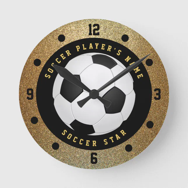 Custom Faux Gold Glitter Soccer Football Clock | Zazzle