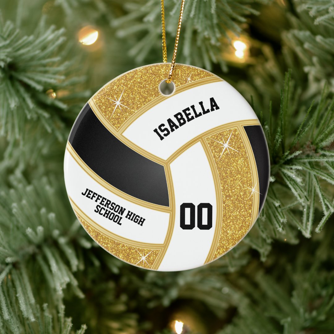 Custom Faux Gold Glitter, White & Black Volleyball Ceramic Ornament ...