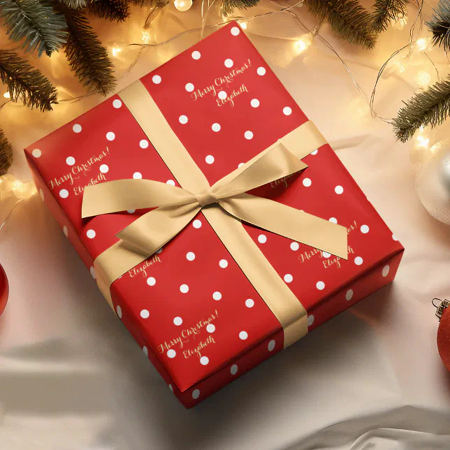 Custom Faux Gold Script Christmas Red Polka Dot Wrapping Paper | Zazzle