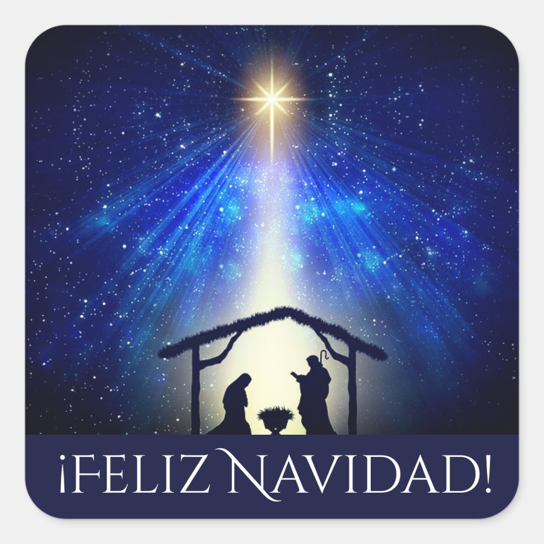 Custom Feliz Navidad Blue Nativity Christmas Star Square Sticker | Zazzle