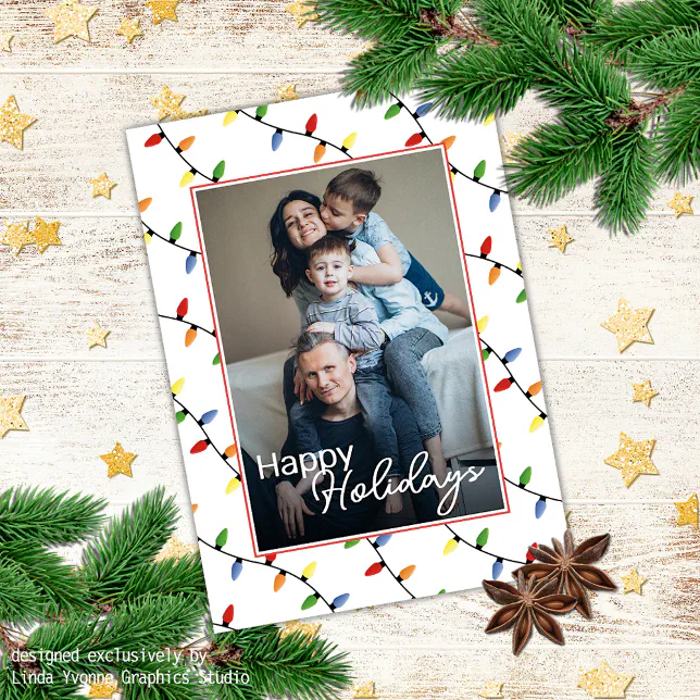 Custom Festive Party String Lights Pattern Holiday Card | Zazzle