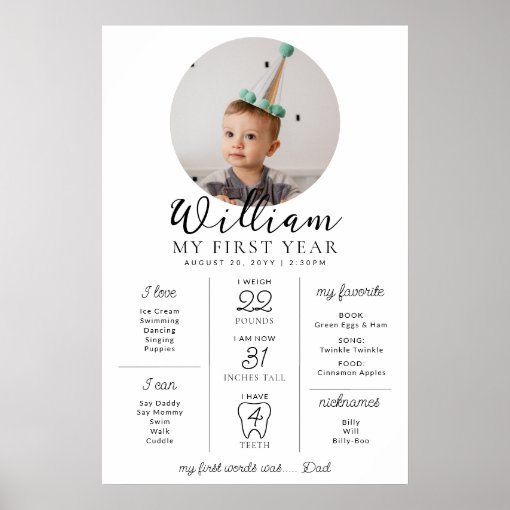 Custom First Birthday Photo Milestone Timeline Poster | Zazzle