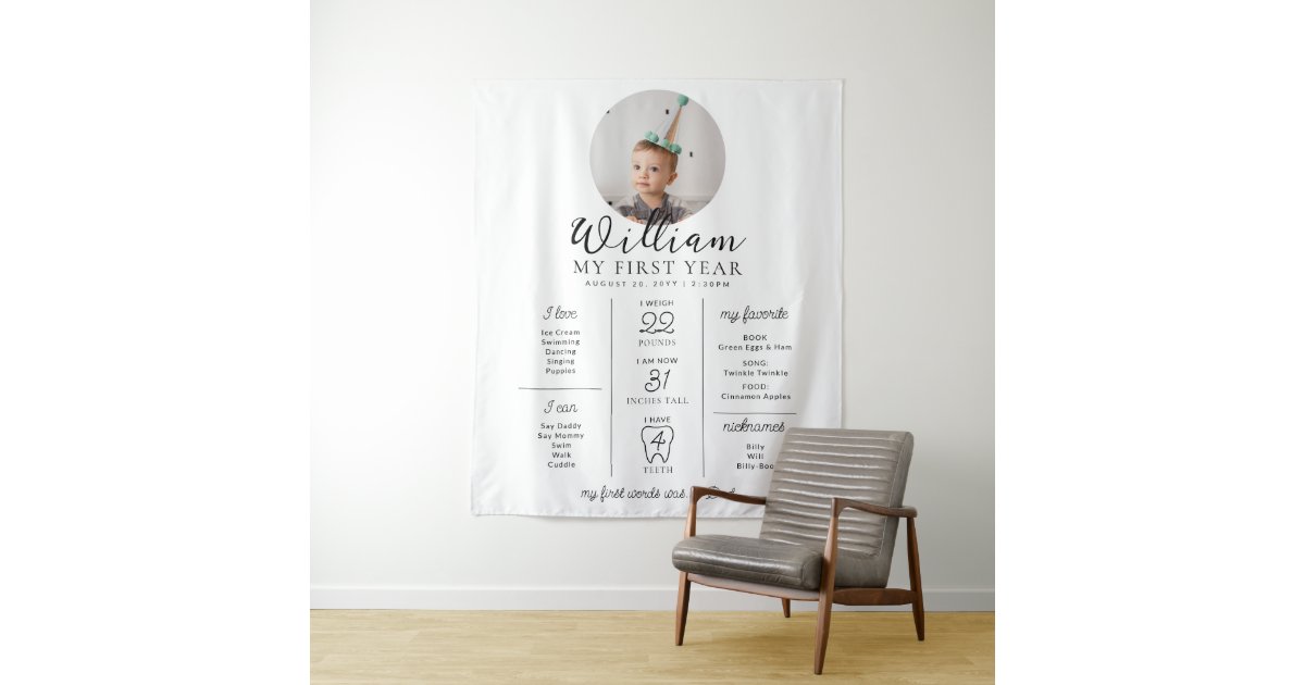 Custom First Birthday Photo Milestone Timeline Tapestry | Zazzle