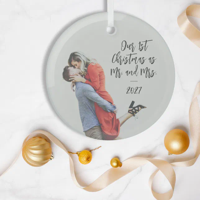 Custom First Christmas Mr and Mrs Photo Overlay Glass Ornament | Zazzle