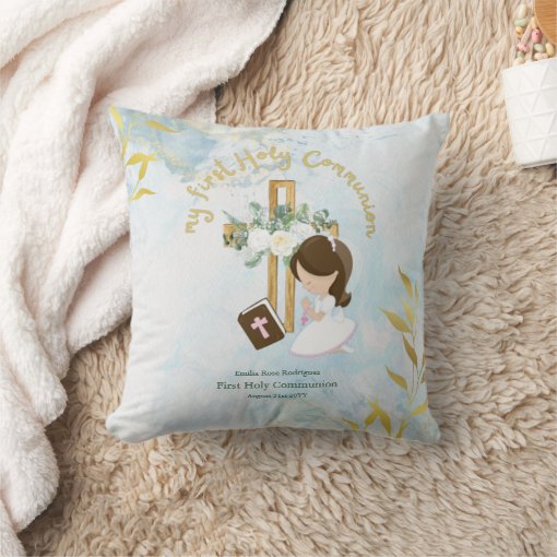 Custom First Holy Communion Cute Brown Hair Girl Throw Pillow | Zazzle