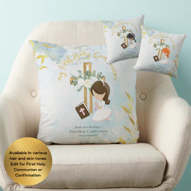 Custom First Holy Communion Cute Brown Hair Girl Throw Pillow | Zazzle