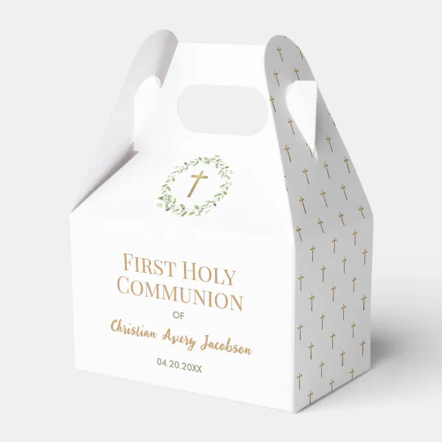 Custom First holy communion Gold cross Wreath Favor Boxes | Zazzle