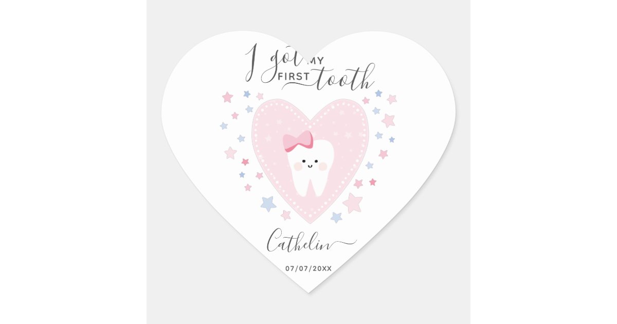 Custom First Tooth Baby Girl Heart Sticker | Zazzle