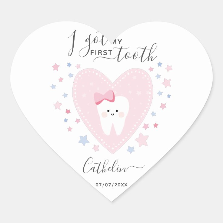 Custom First Tooth Baby Girl Heart Sticker | Zazzle