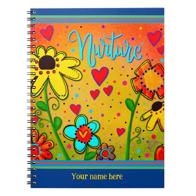 Custom Floral Hearts Yellow Fun Colorful Nurture Notebook | Zazzle